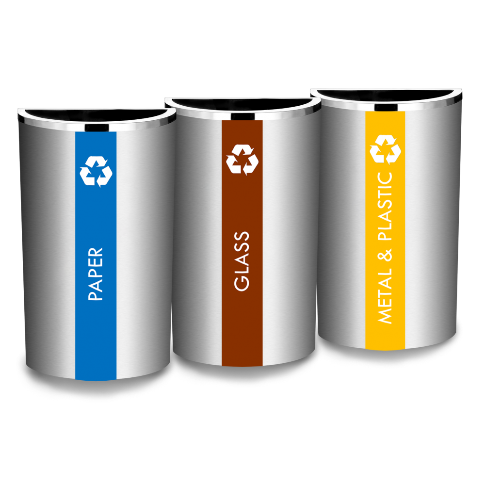 3-in-1 Stainless Steel Recycling Bin - Semi-Round, Open Top (SS103)