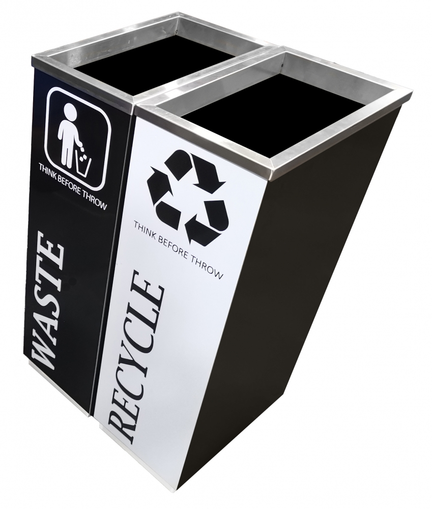 2-in-1 Black Recycling Bin - Rectangular, Powder Coated Steel (SS102-OTB)
