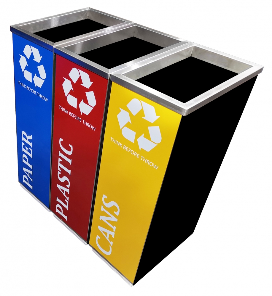 Black 3-in-1 Recycling Bin - Rectangular, Powder Coated Steel, Open Top ...