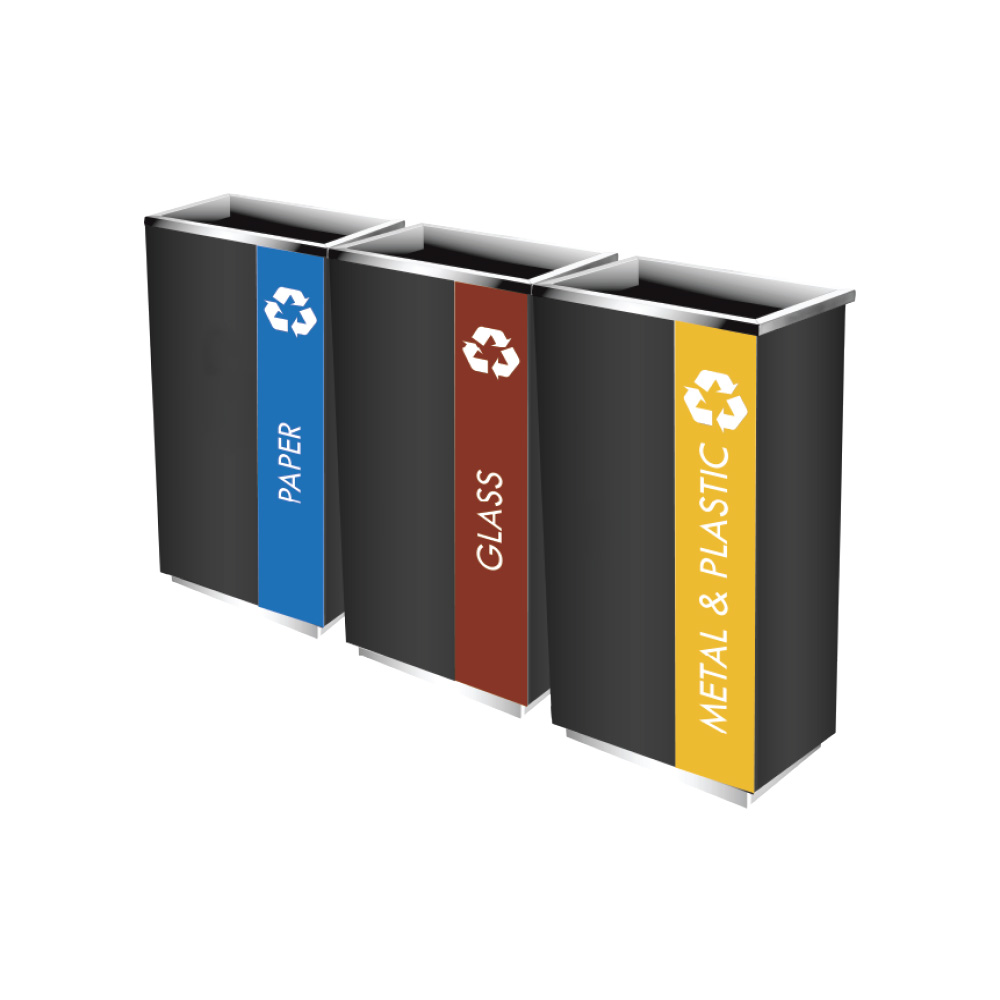 3-in-1 Rectangular Recycling Bin - SS102-OTB Powder Coated Steel, Open Top