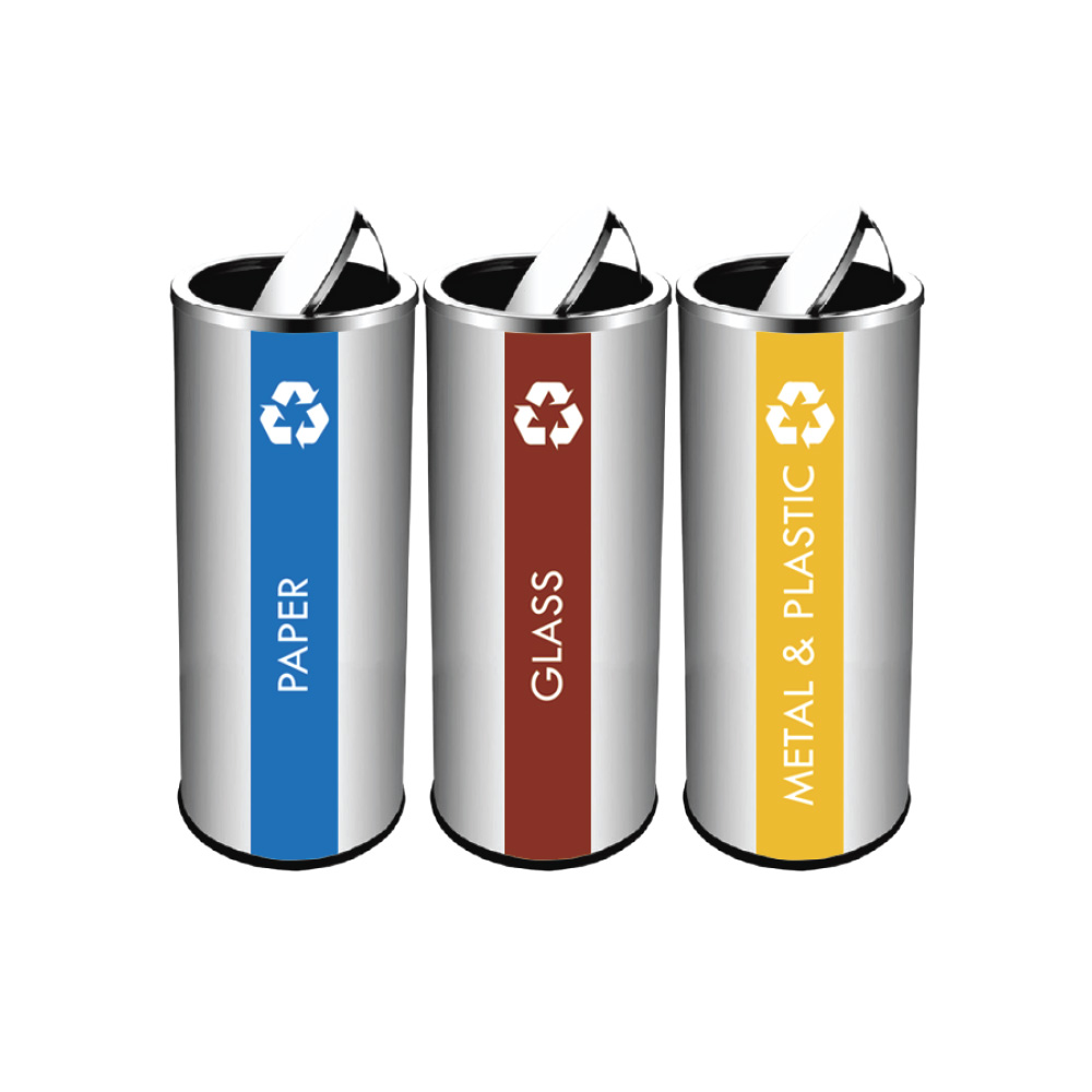 SS126-H: 3-in-1 Stainless Steel Recycling Bin - Round with Flip Top
